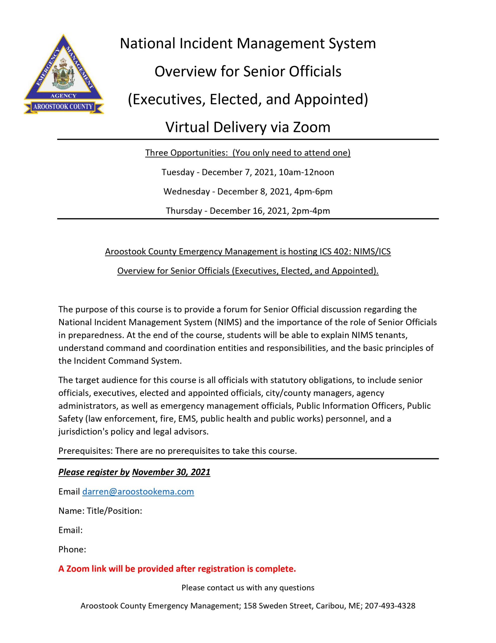 National Incident Management System – Aroostook County EMA
